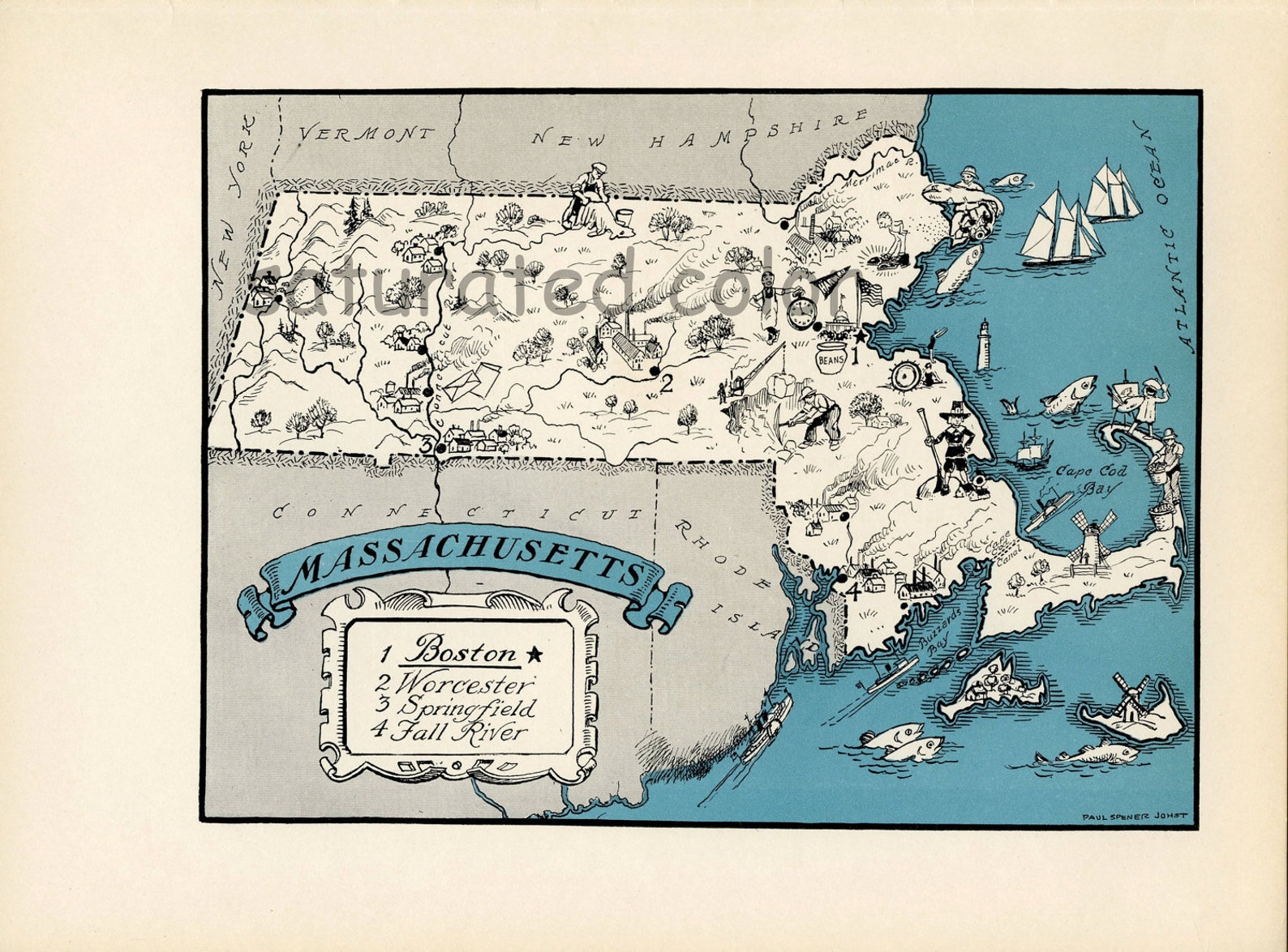 Massachusetts Map Vintage - Map Art - High Res DIGITAL IMAGE Fun 1930s ...