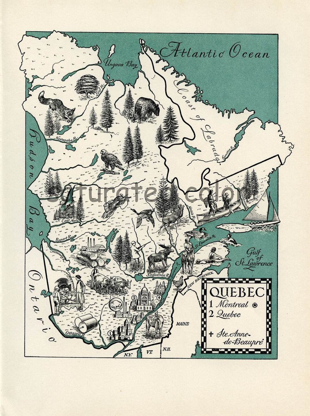 Quebec Canada Map Art - High Res DIGITAL IMAGE of a 1940s Vintage ...