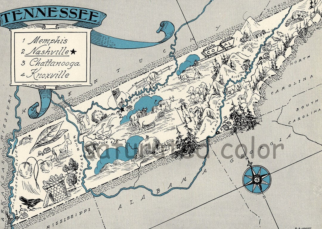 Tennessee Map - Map Art - High Res DIGITAL IMAGE of a 1930s Vintage ...