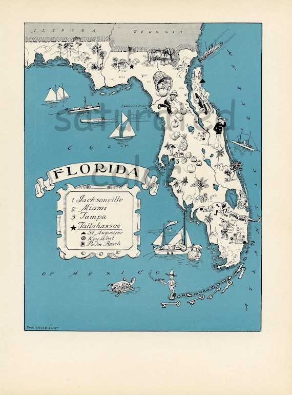 Blue and Emerald Green Vintage Florida Map 1944 Vintage Map of Florida ...