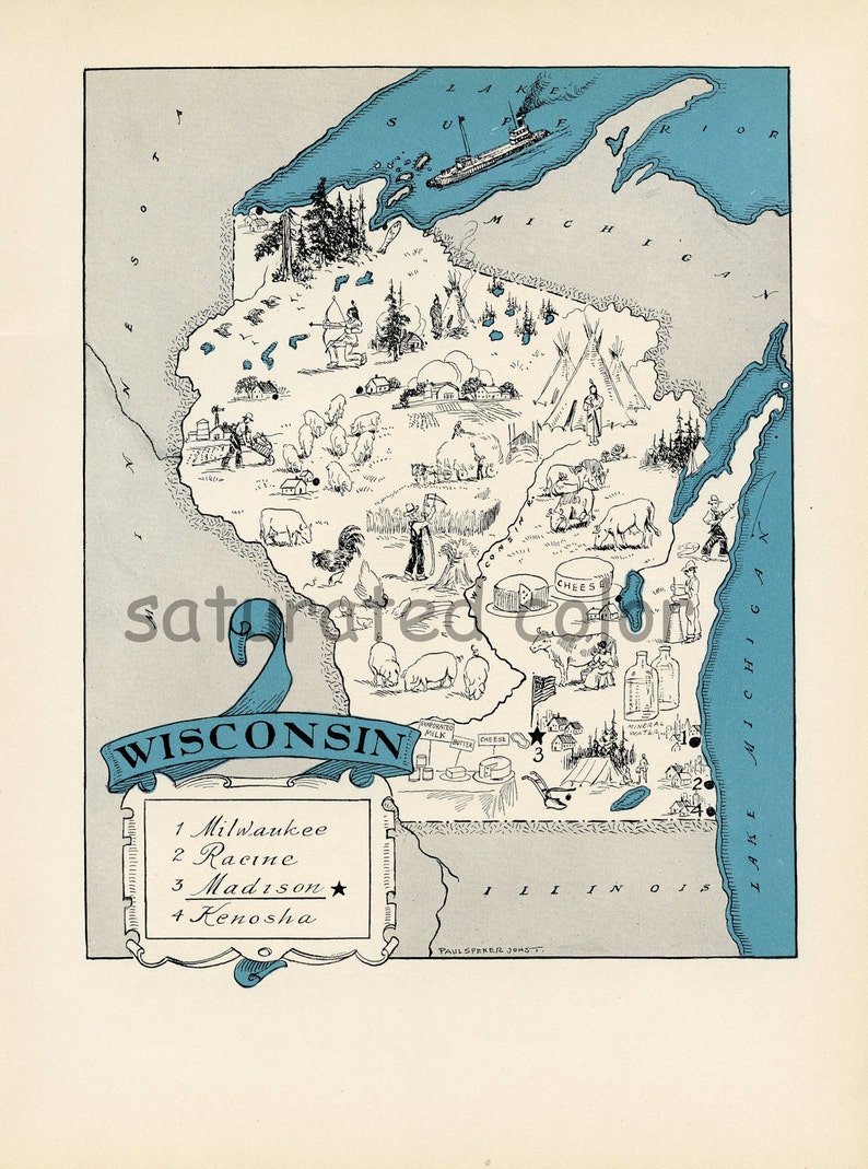 Wisconsin Map Vintage High Res DIGITAL IMAGE of a 1930s Vintage Picture ...
