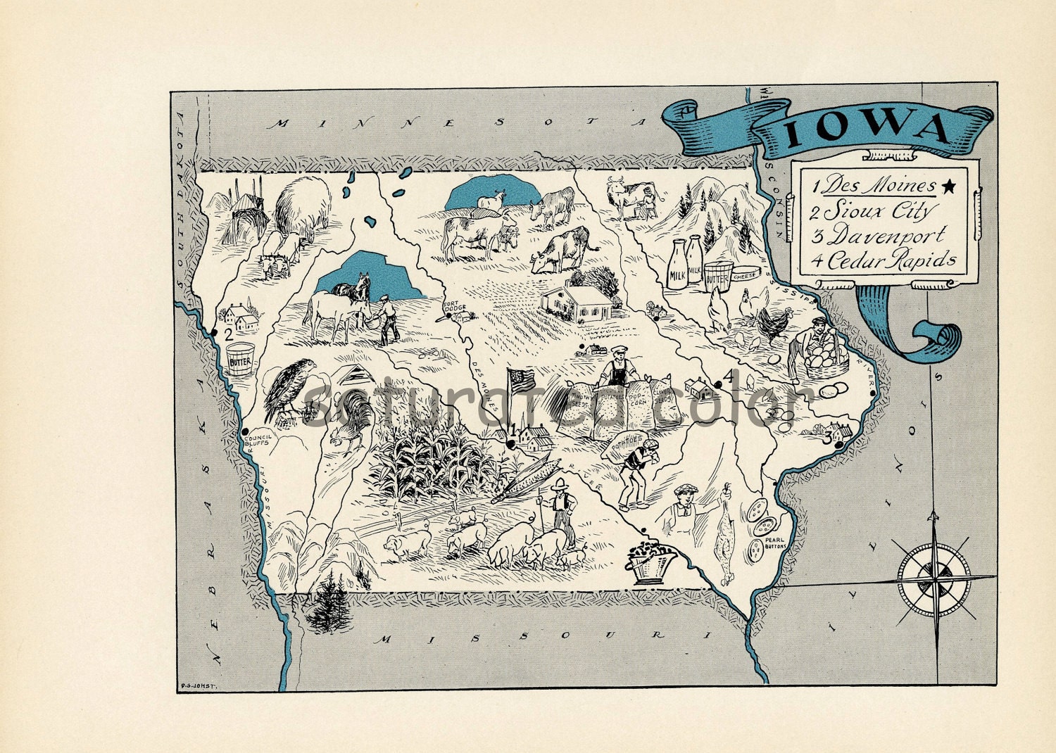 Fun Iowa Map Vintage - Map Art - High Res DIGITAL IMAGE of a 1930s ...