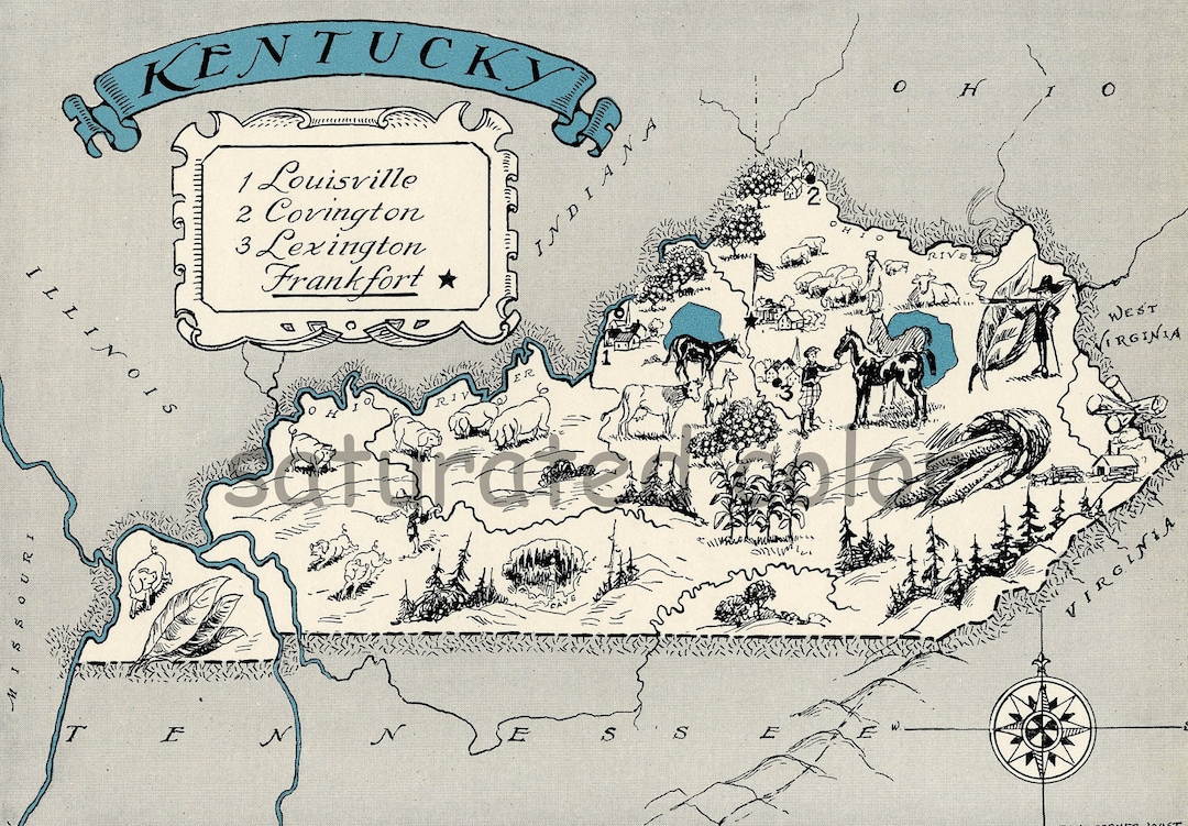 Kentucky Map Vintage - High Res DIGITAL IMAGE of a 1930s Vintage ...