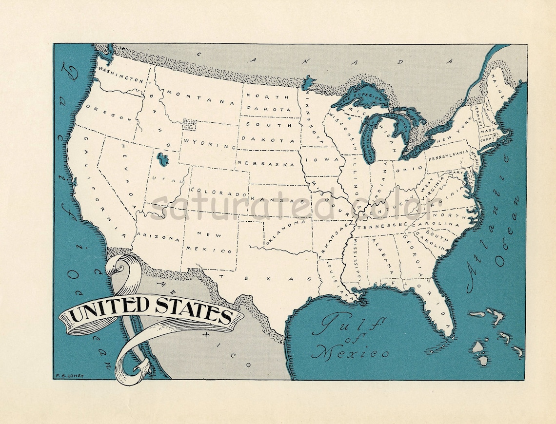 USA Map - Map Art - High Res DIGITAL IMAGE 1930s Vintage Picture Map ...