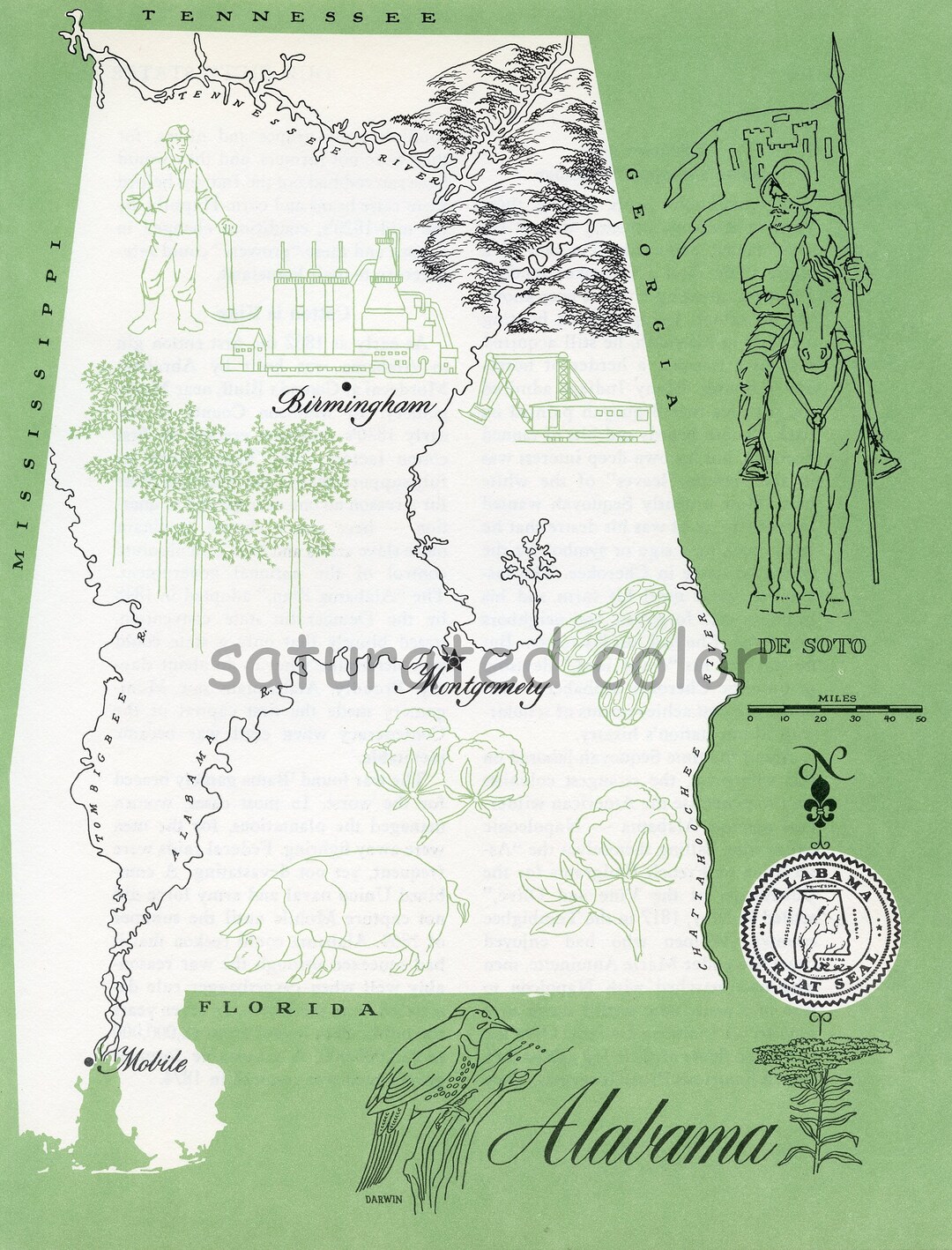 Alabama Map Vintage - High Res DIGITAL IMAGE 1960s Picture Map - Fun ...