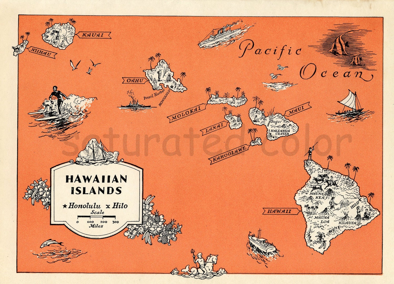 Hawaii Map - High Res DIGITAL IMAGE - 1940 Vintage Picture Map Hawaiian ...