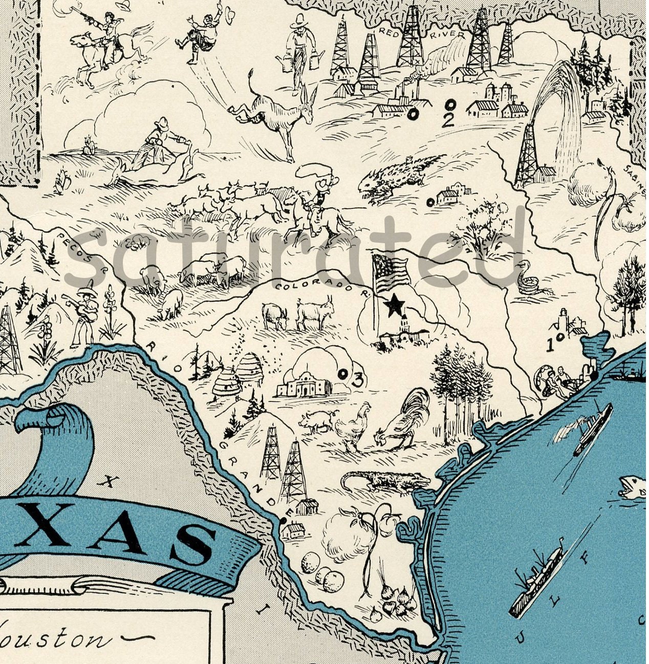 Fun TEXAS PICTURE MAP - High Res Digital Image - Printable Vintage ...