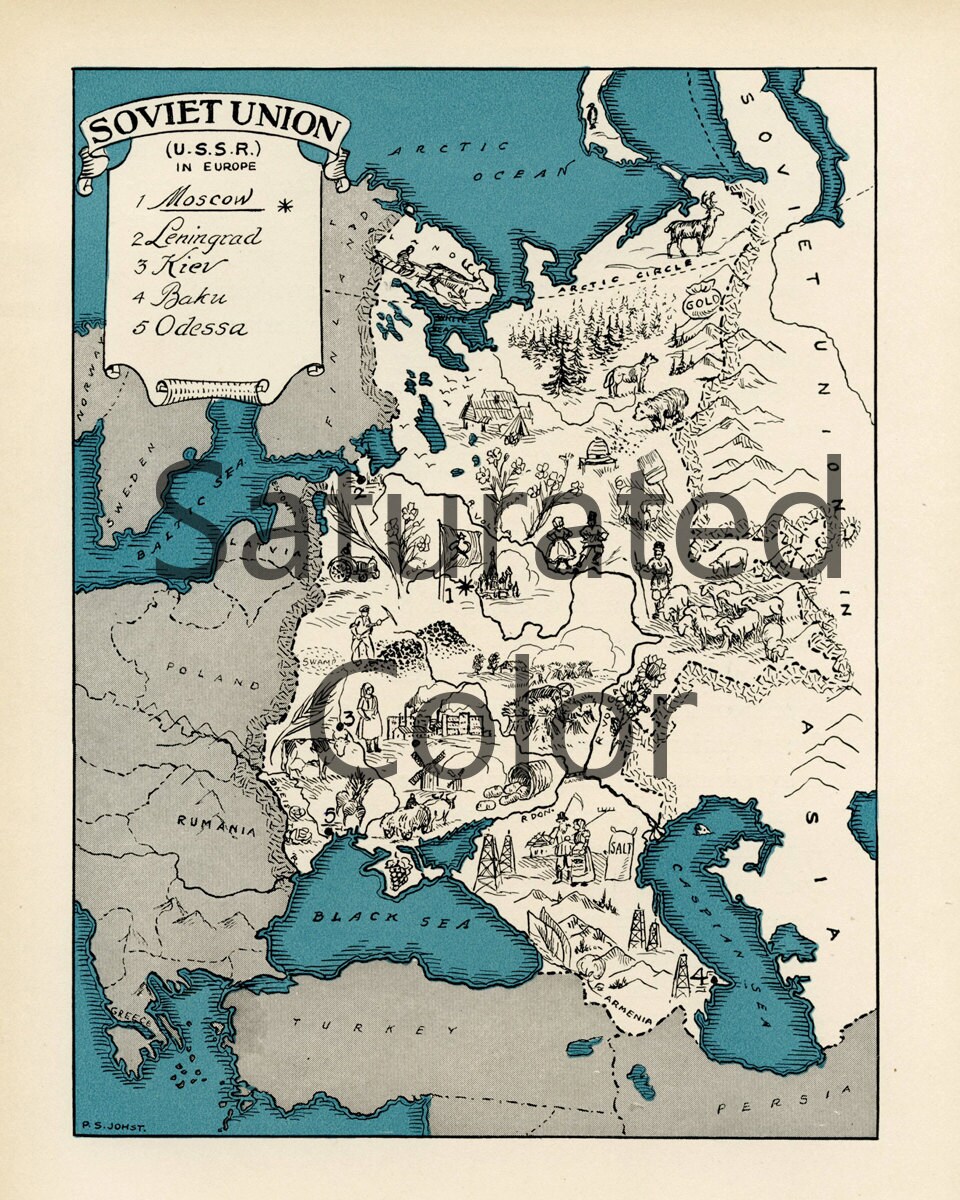 SOVIET UNION in Europe Map Digital Download Vintage Picture Map - DIY ...