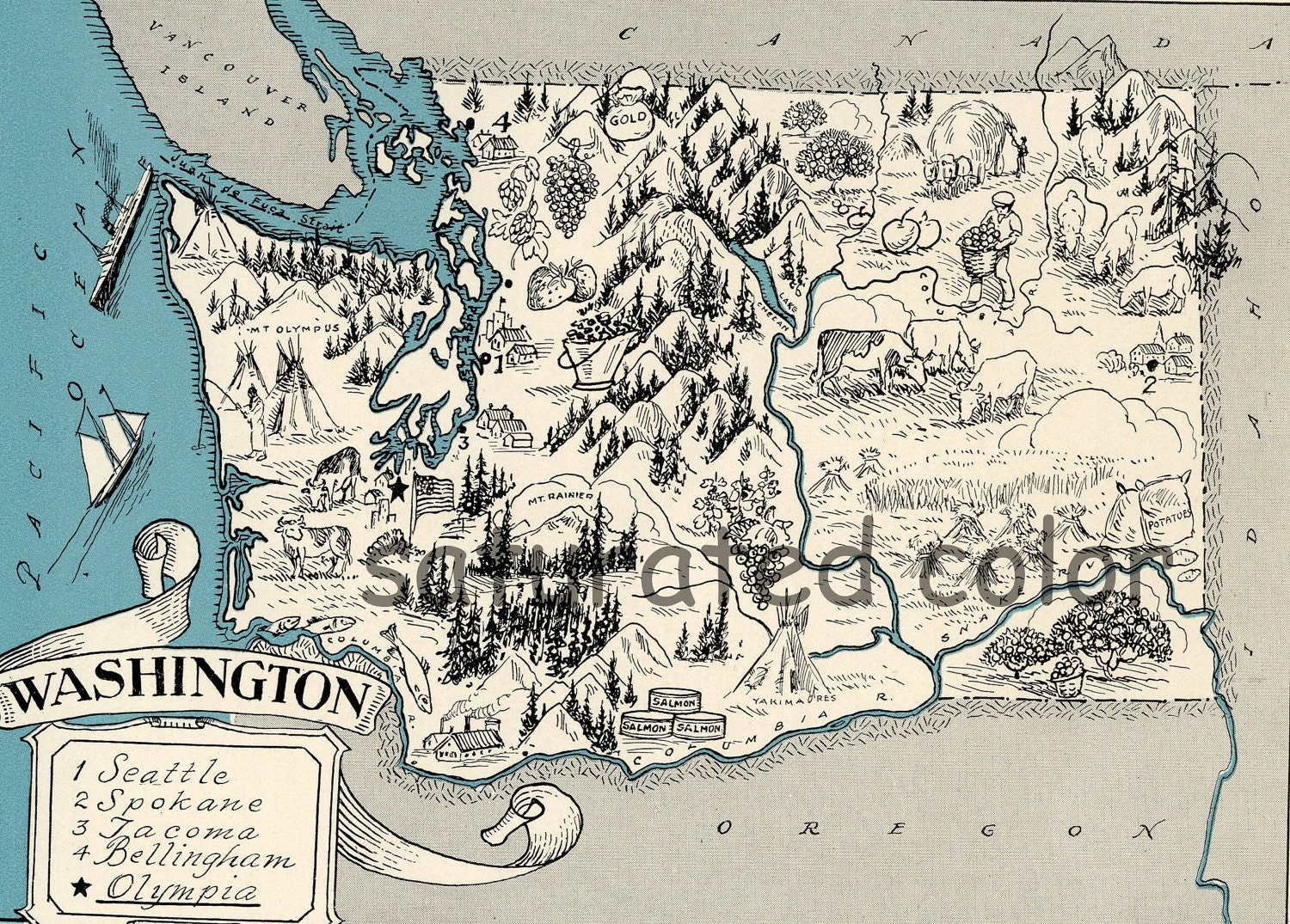 Washington Map - Map Art - High Res DIGITAL IMAGE of a 1930s Vintage ...