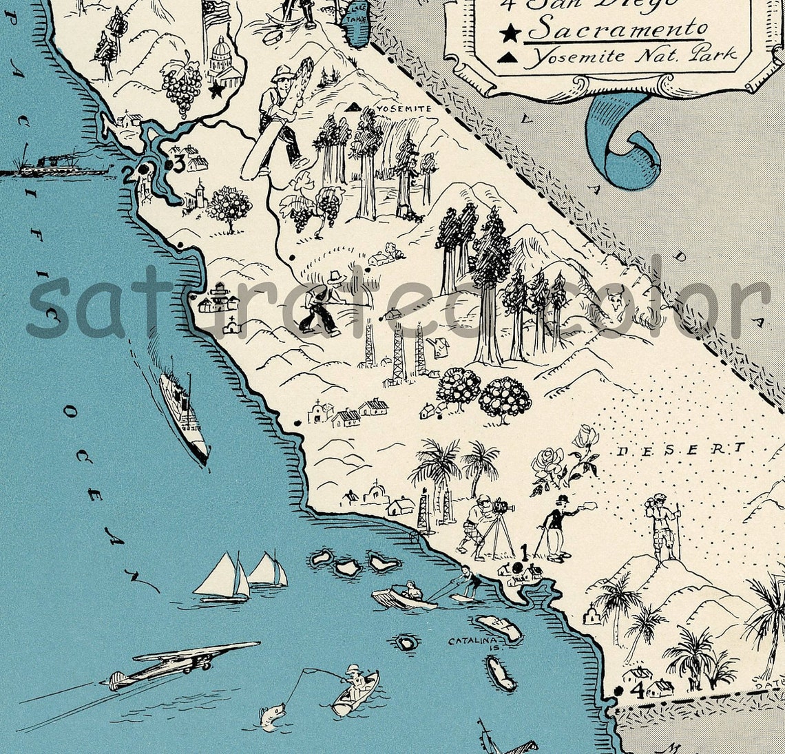 California Map Art - High Res DIGITAL IMAGE - 1930s Vintage Picture Map ...