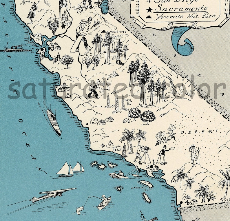 California Map Art - High Res DIGITAL IMAGE - 1930s Vintage Picture Map ...