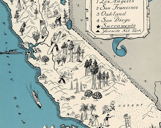 California Map Art - High Res DIGITAL IMAGE - 1930s Vintage Picture Map ...