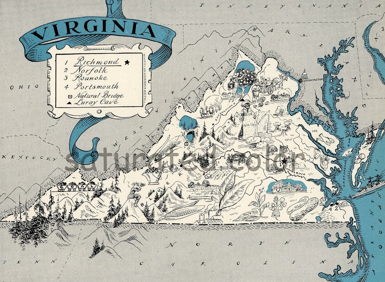 Virginia Map Vintage - Map Art - High Res DIGITAL IMAGE of a 1930s ...