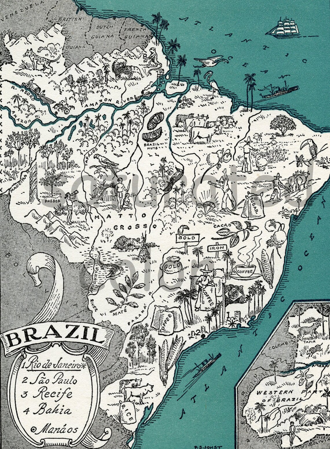 Brazil Map - High Res DIGITAL IMAGE of a 1930s Vintage Picture Map ...