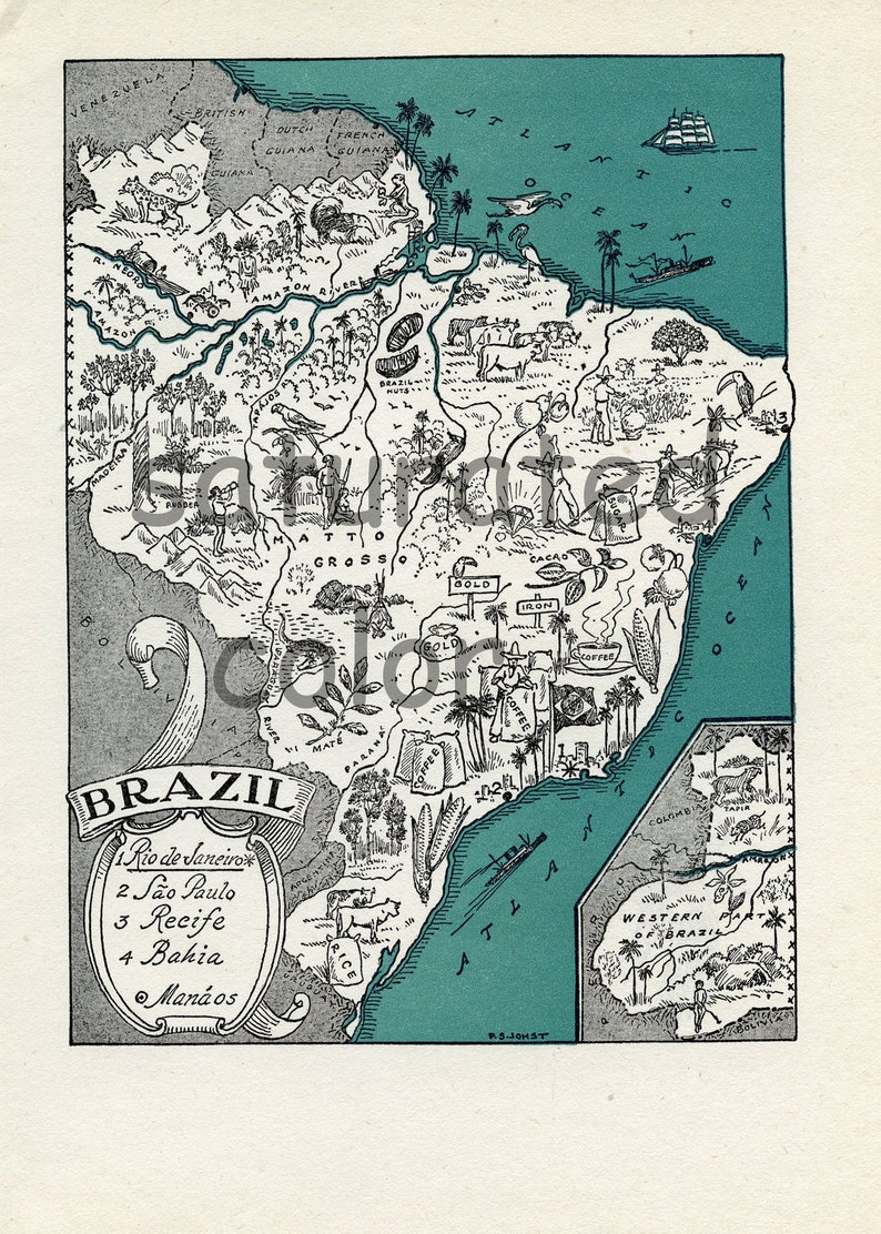 Brazil Map - High Res DIGITAL IMAGE of a 1930s Vintage Picture Map ...