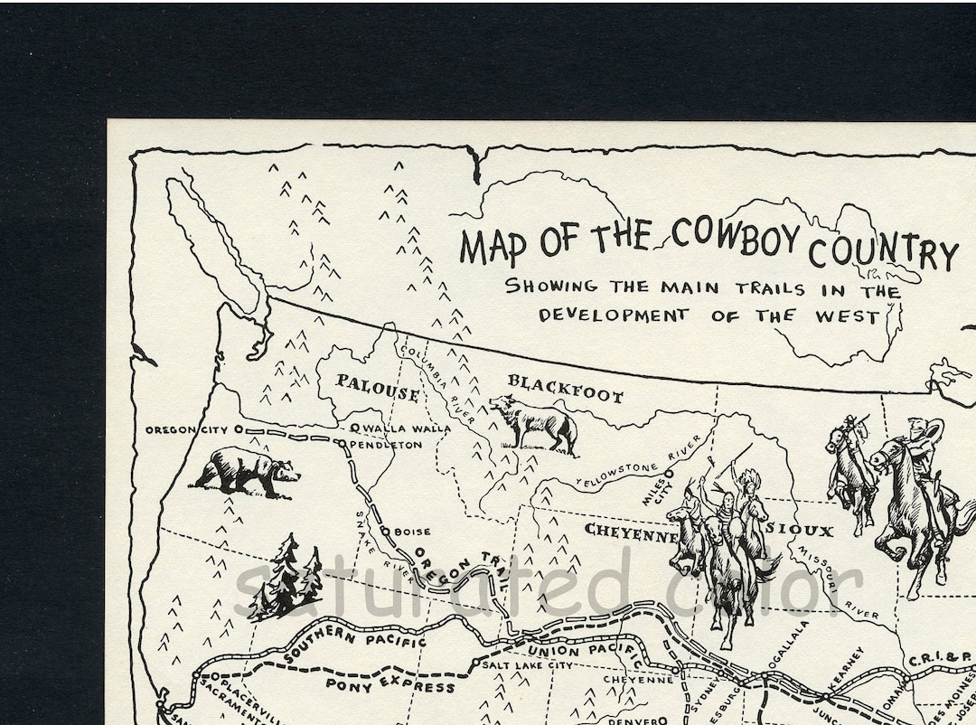Vintage Cowboy Country Map - DIGITAL IMAGE DOWNLOAD - 1950s Map of ...