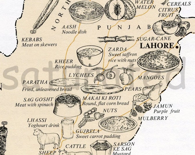 Pakistan Map - Vintage 1960s Food Map of Pakistan - Etsy