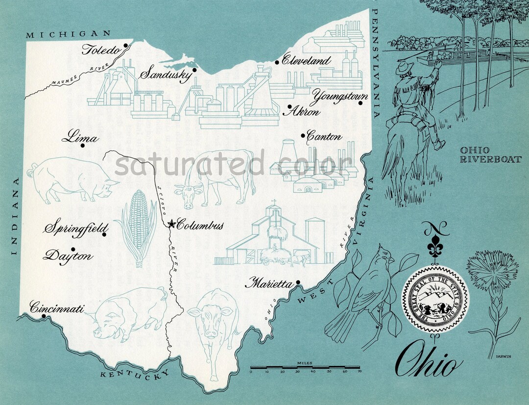 Ohio Map Vintage - High Res DIGITAL IMAGE 1960s Picture Map - Fun Retro ...