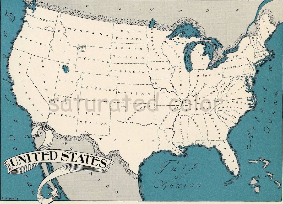 USA Map - Map Art - High Res DIGITAL IMAGE 1930s Vintage Picture Map ...
