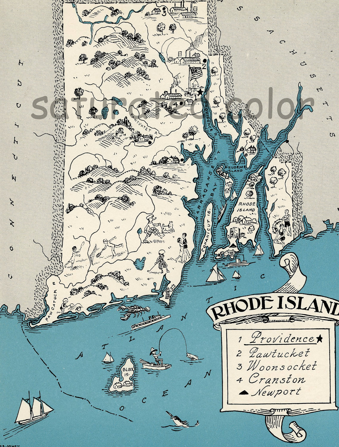 Rhode Island Map Vintage - Map Art - High Res DIGITAL IMAGE of a 1930s ...