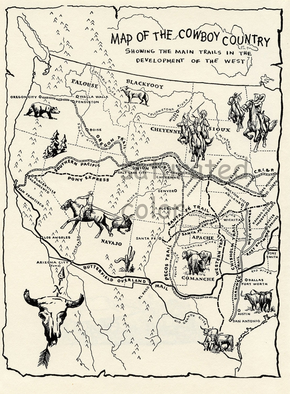 Vintage Cowboy Country Map - DIGITAL IMAGE DOWNLOAD - 1950s Map of ...