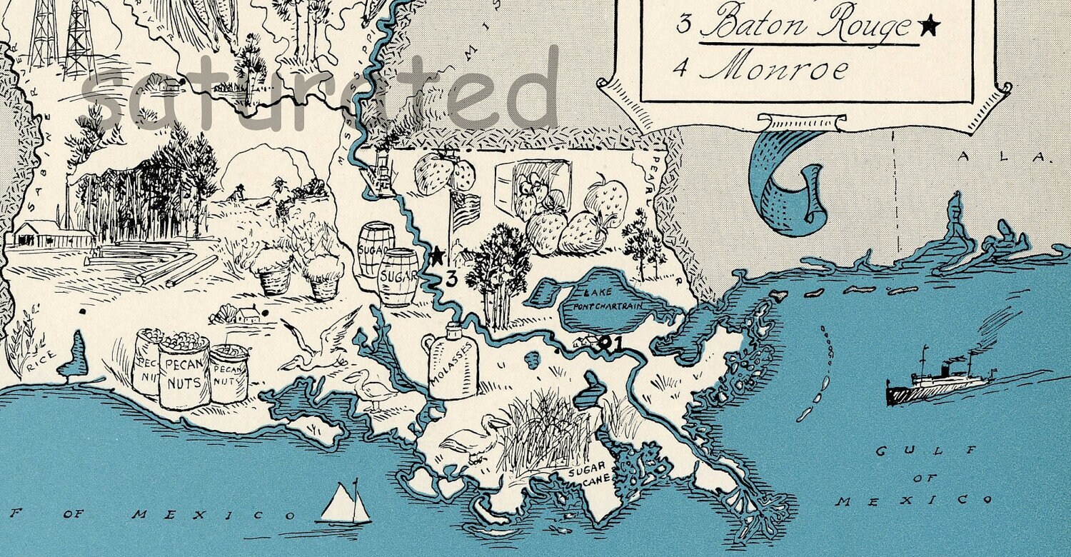 Louisiana Map - Map Art - High Res DIGITAL IMAGE of a 1930s Vintage ...