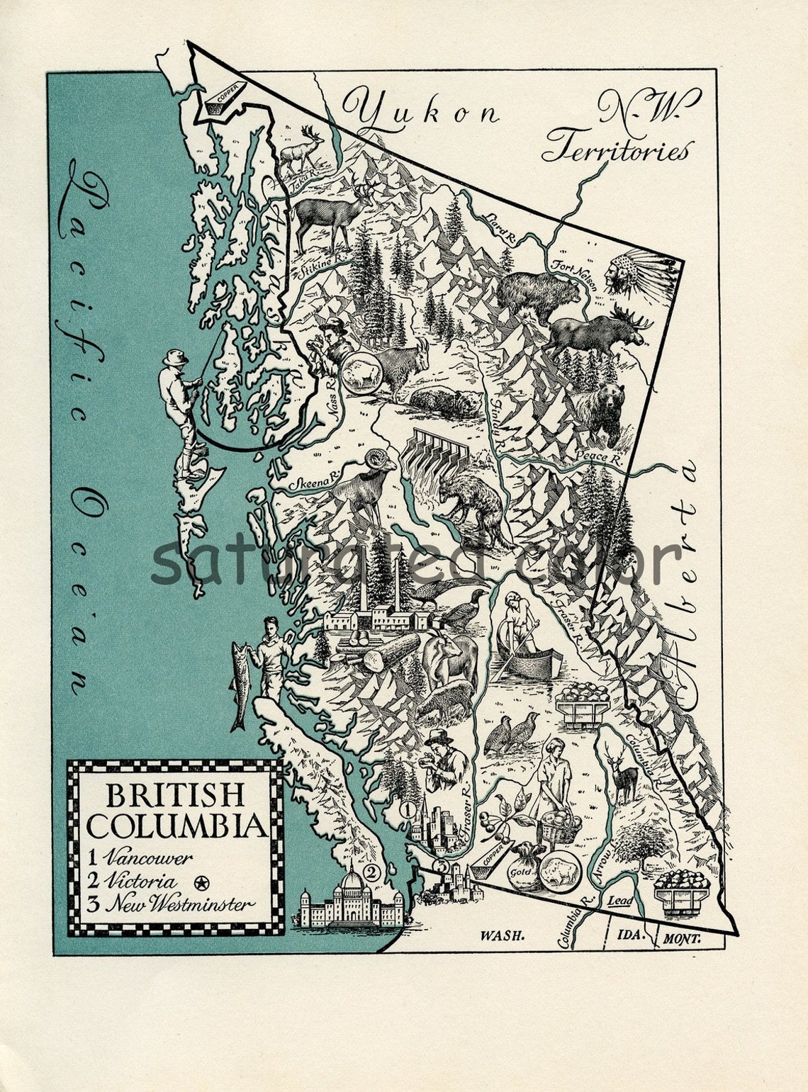 British Columbia Canada Map Art - High Res DIGITAL IMAGE - 1940s ...