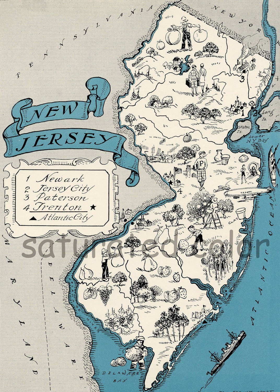 New Jersey Map Vintage - Map Art - High Res DIGITAL IMAGE 1930 Vintage ...