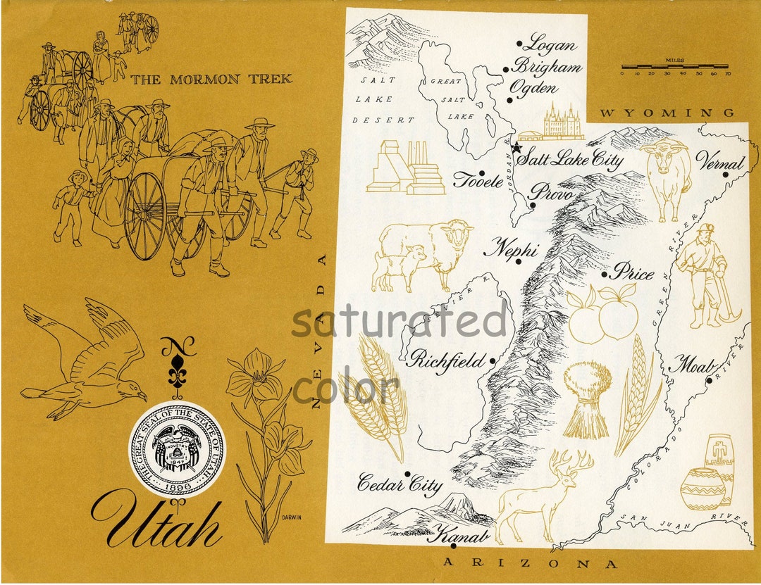 Utah Map Vintage - High Res DIGITAL IMAGE 1960s Picture Map - Fun Retro ...