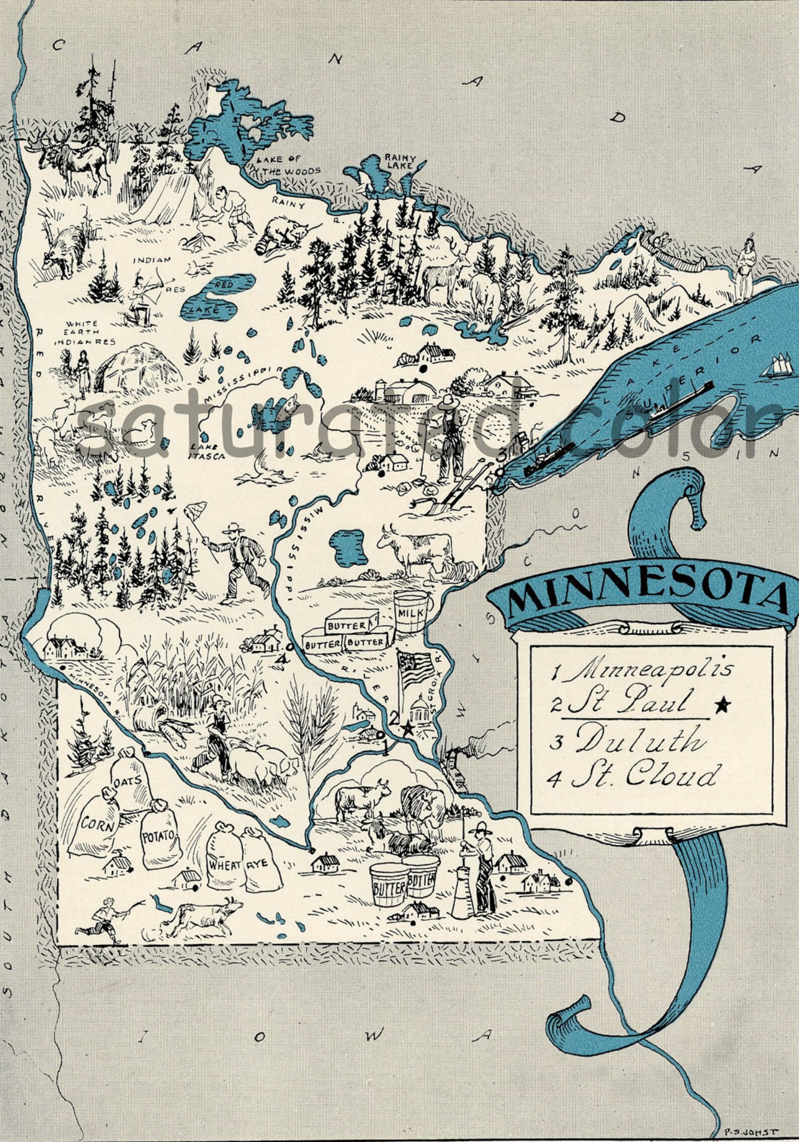Minnesota Map Vintage - Map Art - High Res DIGITAL IMAGE of a 1930s ...