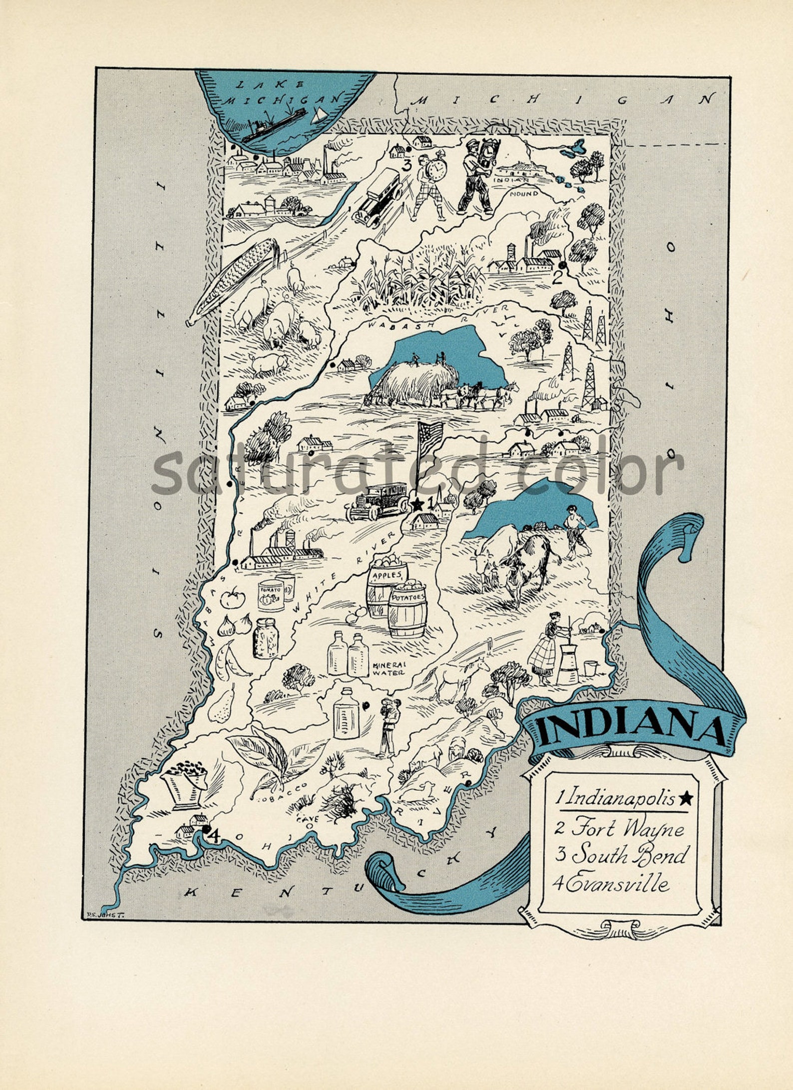 Indiana Map - Map Art - High Res DIGITAL IMAGE of a 1930s Vintage ...