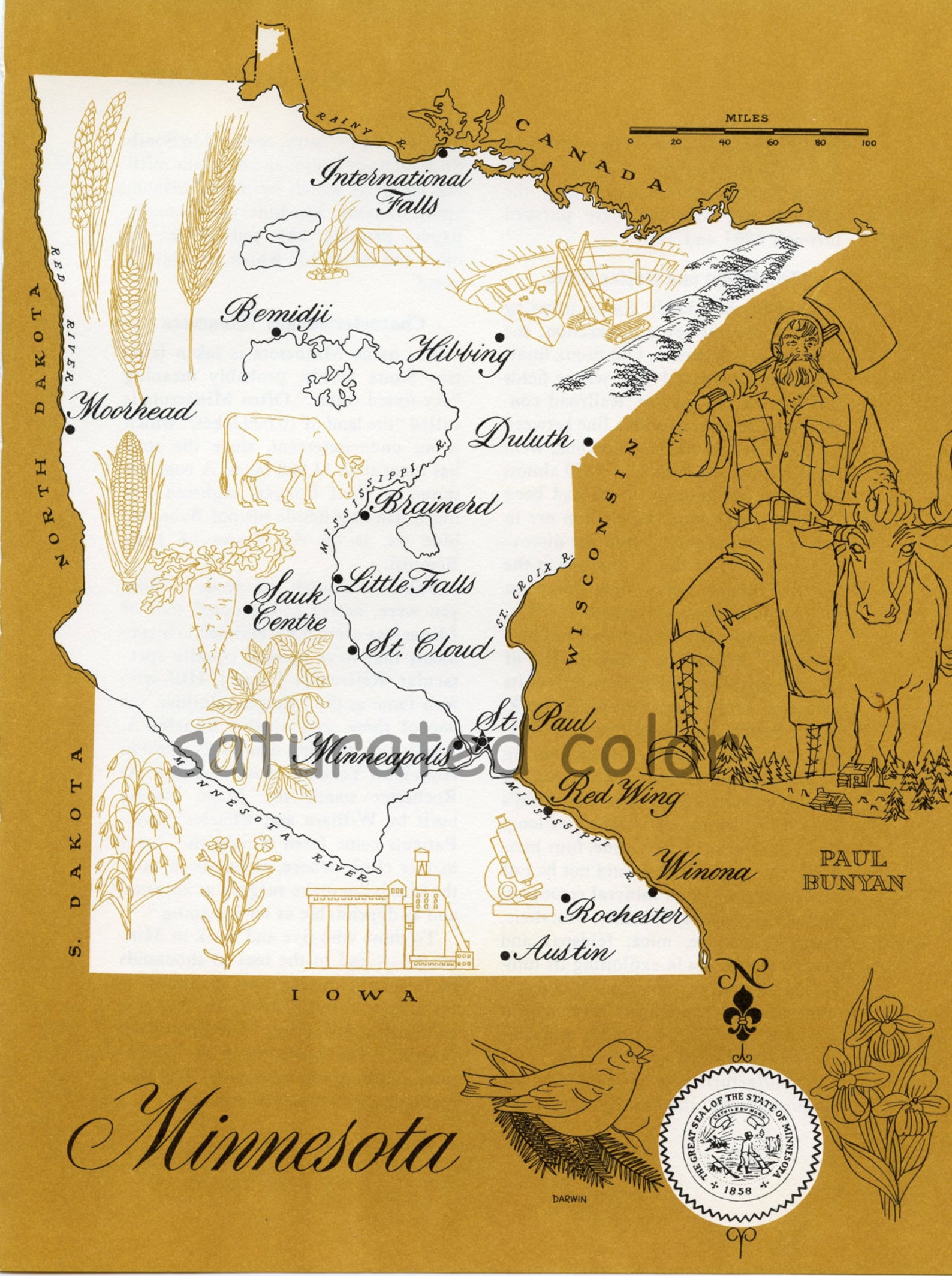 Minnesota Map Vintage - High Res DIGITAL Image 1960s Picture Map - Fun ...