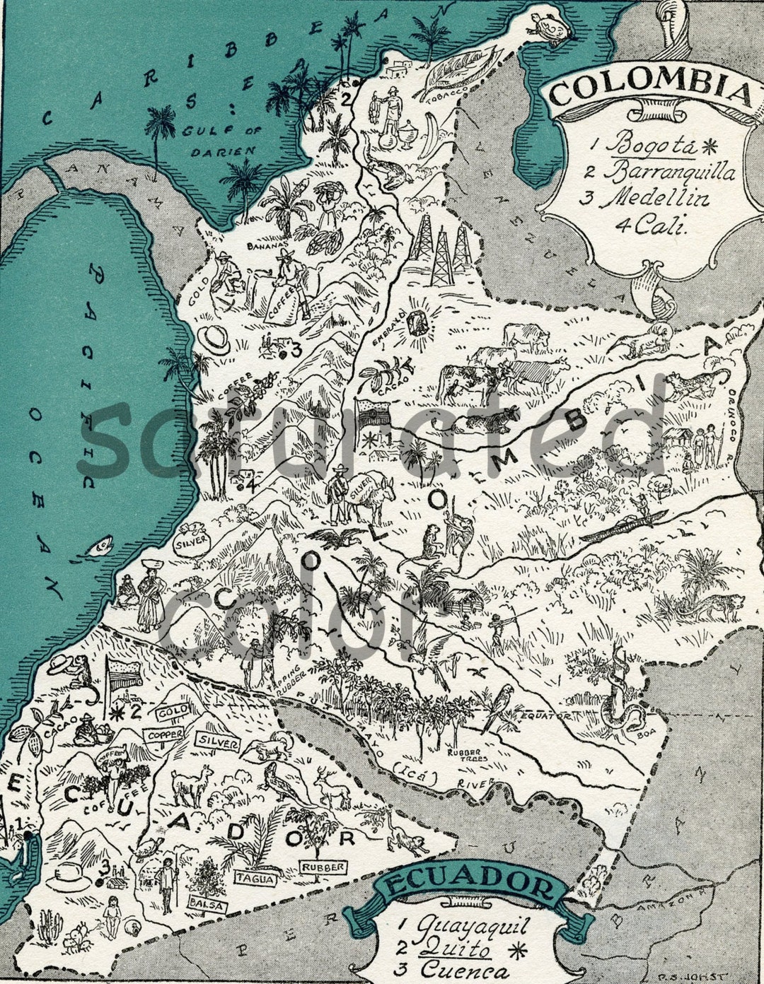 Columbia Ecuador Map - High Res DIGITAL IMAGE of a 1930s South America ...