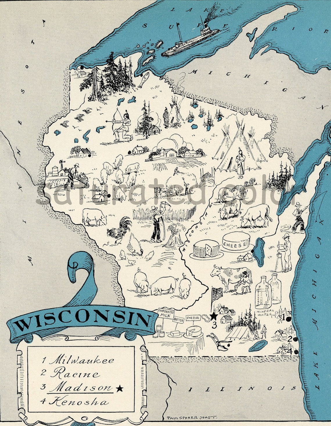 Wisconsin Map Vintage - High Res DIGITAL IMAGE of a 1930s Vintage ...