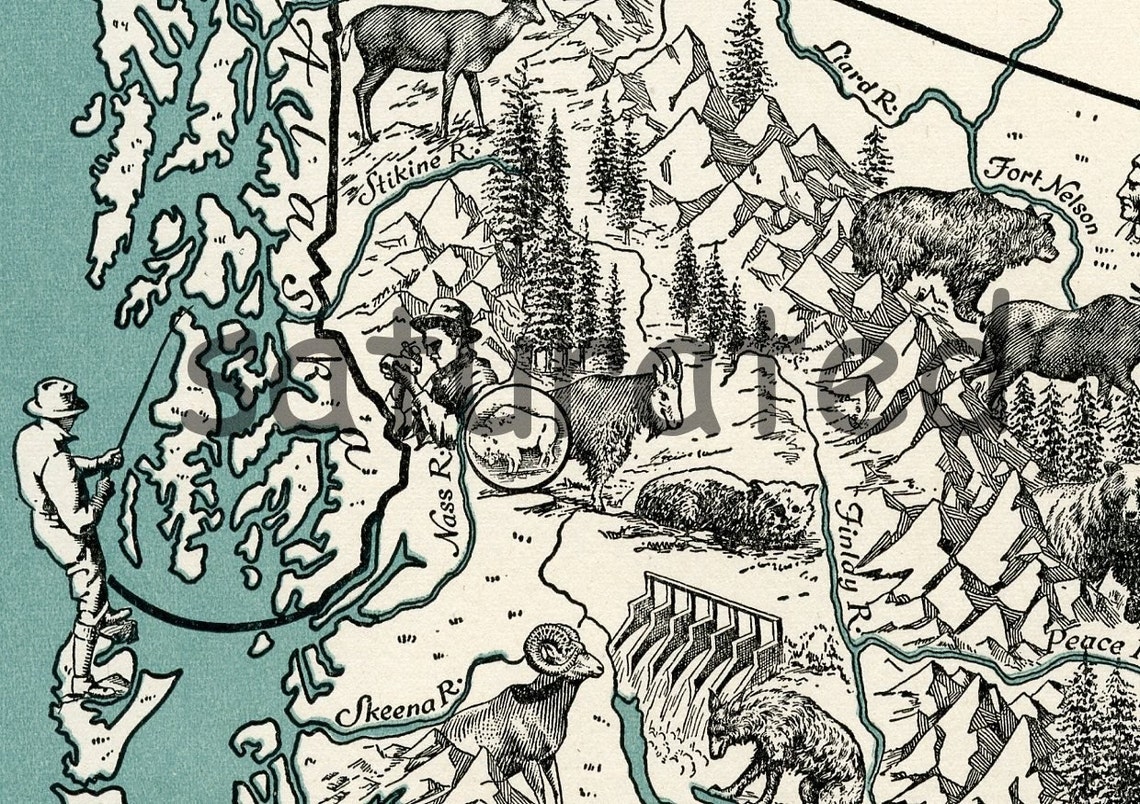 British Columbia Canada Map Art - High Res DIGITAL IMAGE - 1940s ...
