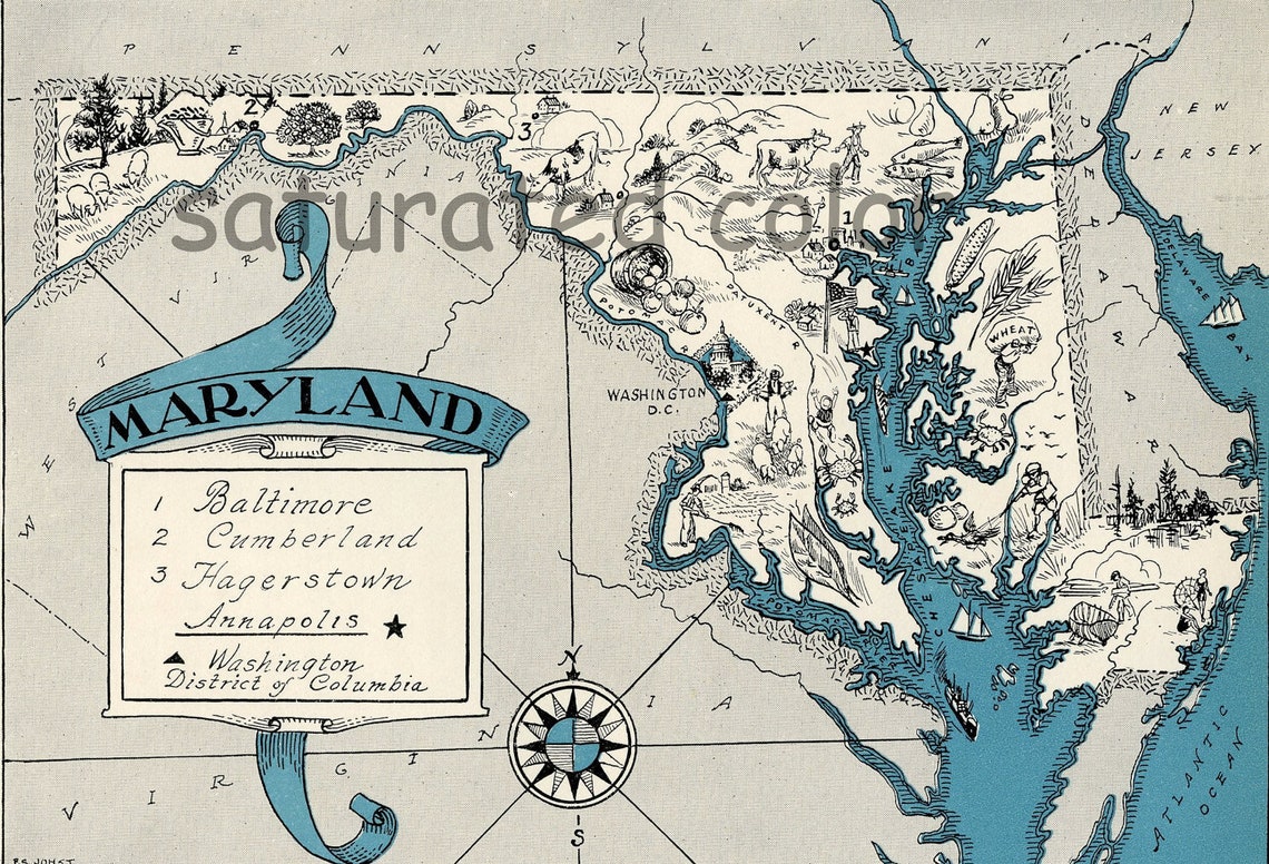 Maryland Map Map Art High Res DIGITAL IMAGE of a 1930s - Etsy