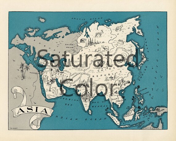 ASIA Map Digital Download vintage picture map DIY print & | Etsy