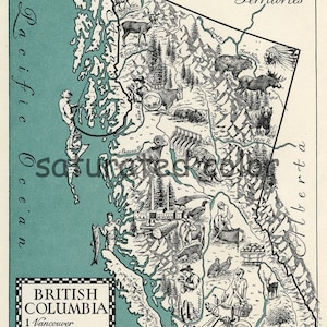 British Columbia Canada Map Art - High Res DIGITAL IMAGE - 1940s ...