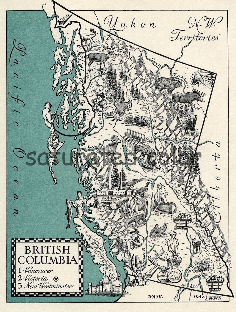 British Columbia Canada Map Art - High Res DIGITAL IMAGE - 1940s ...