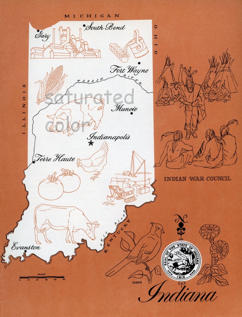 Indiana Map Vintage - High Res DIGITAL IMAGE 1960s Picture Map - Fun ...