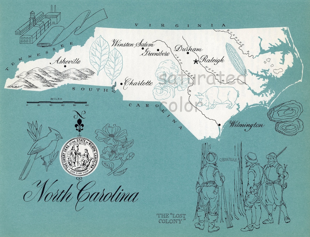 North Carolina Map Vintage - High Res DIGITAL IMAGE 1960s Picture Map ...