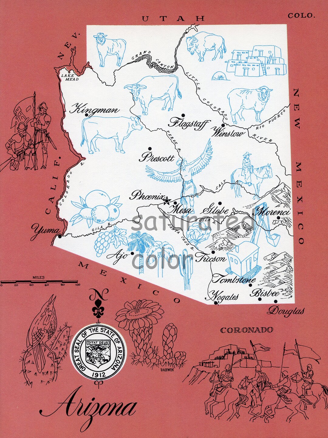 Arizona Map Vintage - High Res DIGITAL IMAGE 1960s Picture Map - Fun ...