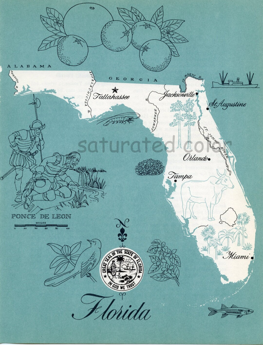 Florida Map Vintage - High Res DIGITAL IMAGE 1960s Picture Map - Fun ...