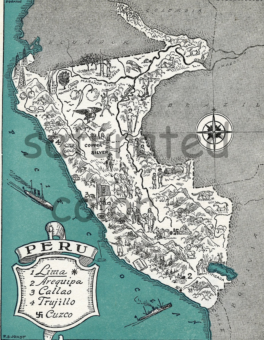 Peru Map - High Res DIGITAL IMAGE of a 1930s Vintage South America ...