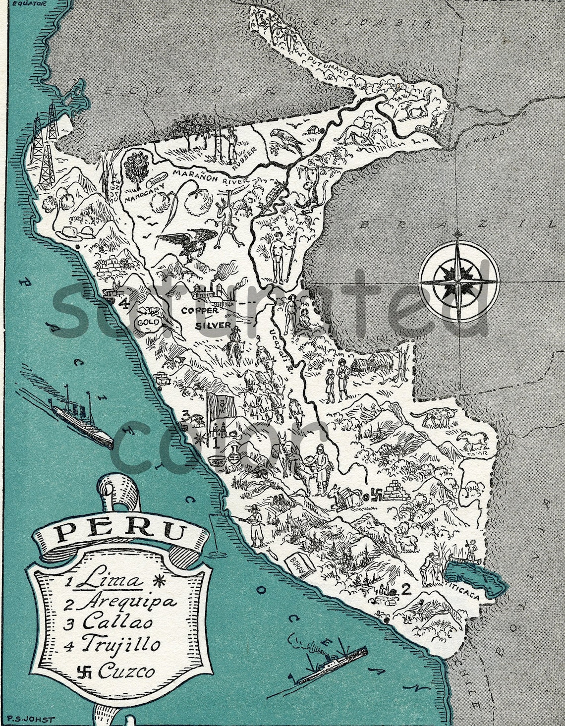 Peru Map - High Res DIGITAL IMAGE of a 1930s Vintage South America ...