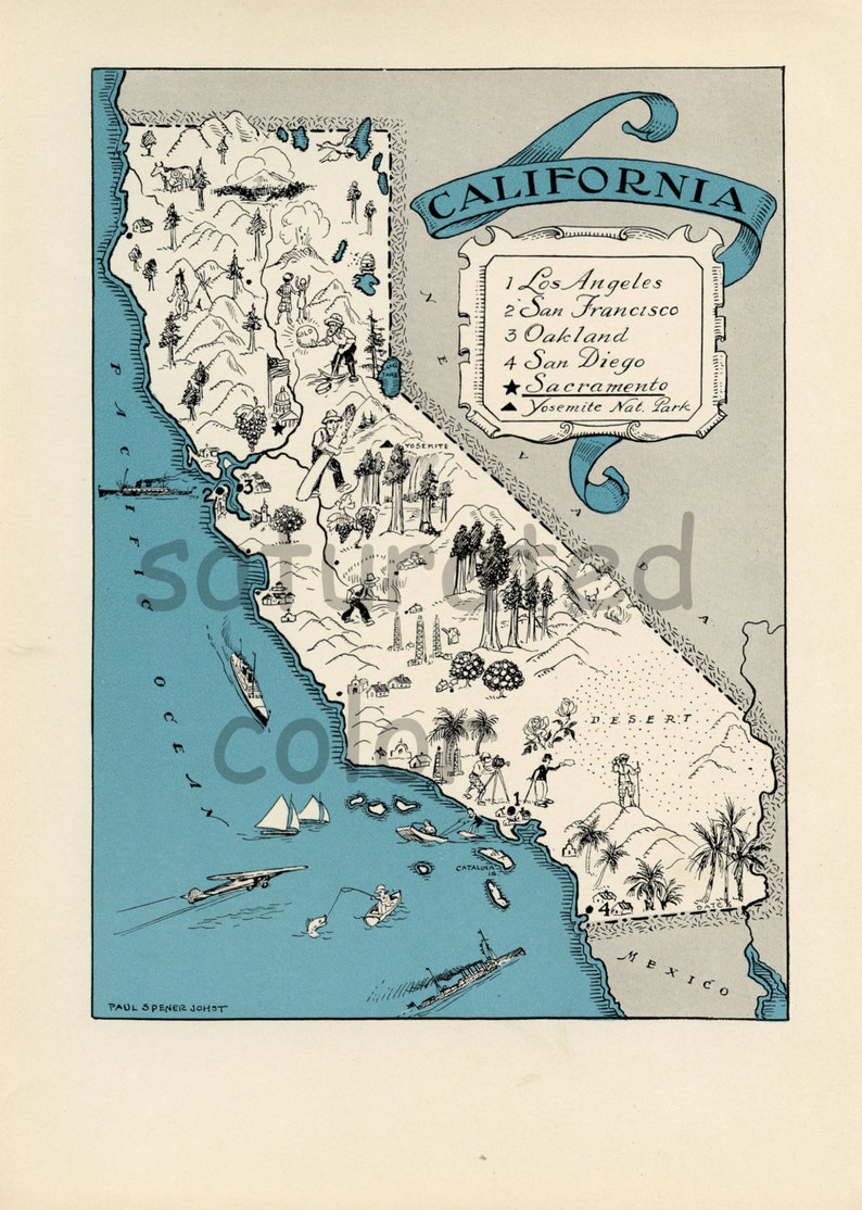 California Map Art - High Res DIGITAL IMAGE - 1930s Vintage Picture Map ...