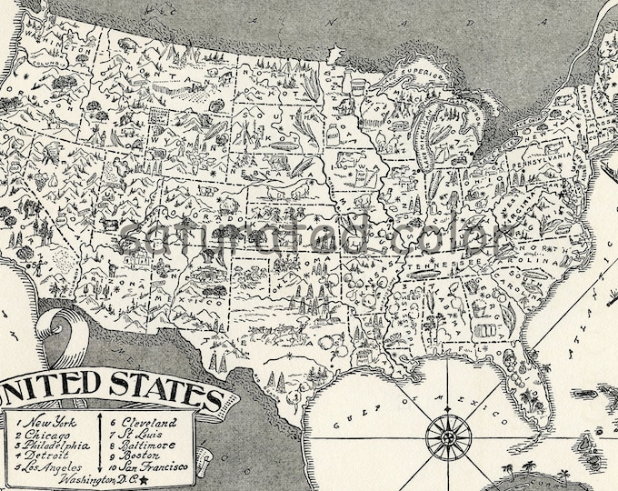 USA Map ORIGINAL Vintage 1950s Picture Map - 1950s Fun - Delightfully ...