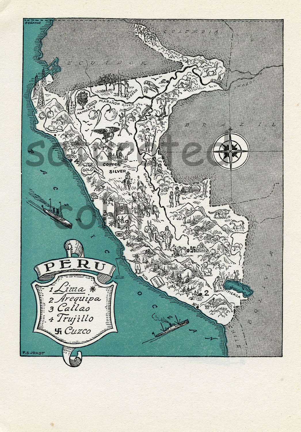 Peru Map - High Res DIGITAL IMAGE of a 1930s Vintage South America ...