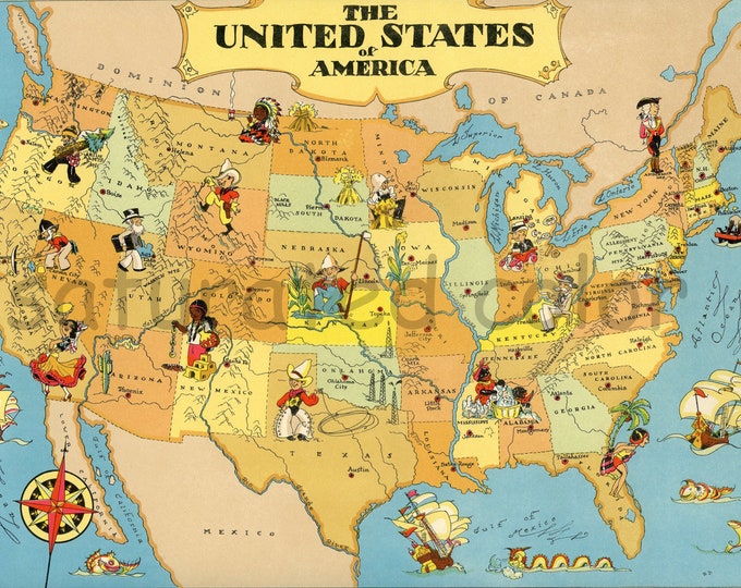 United States Map ORIGINAL 9 X 13 Vintage 1930s Picture Map Antique USA ...