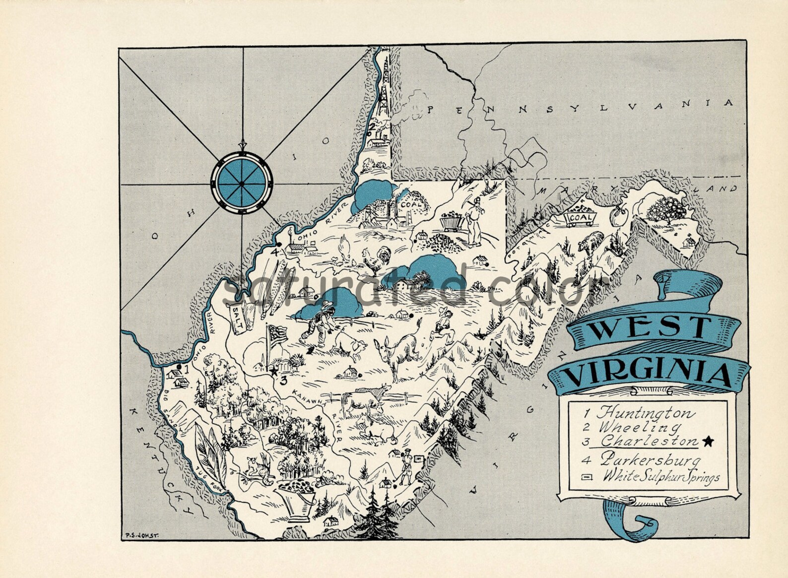 West Virginia Map Vintage - Map Art - High Res DIGITAL IMAGE of a 1930s ...